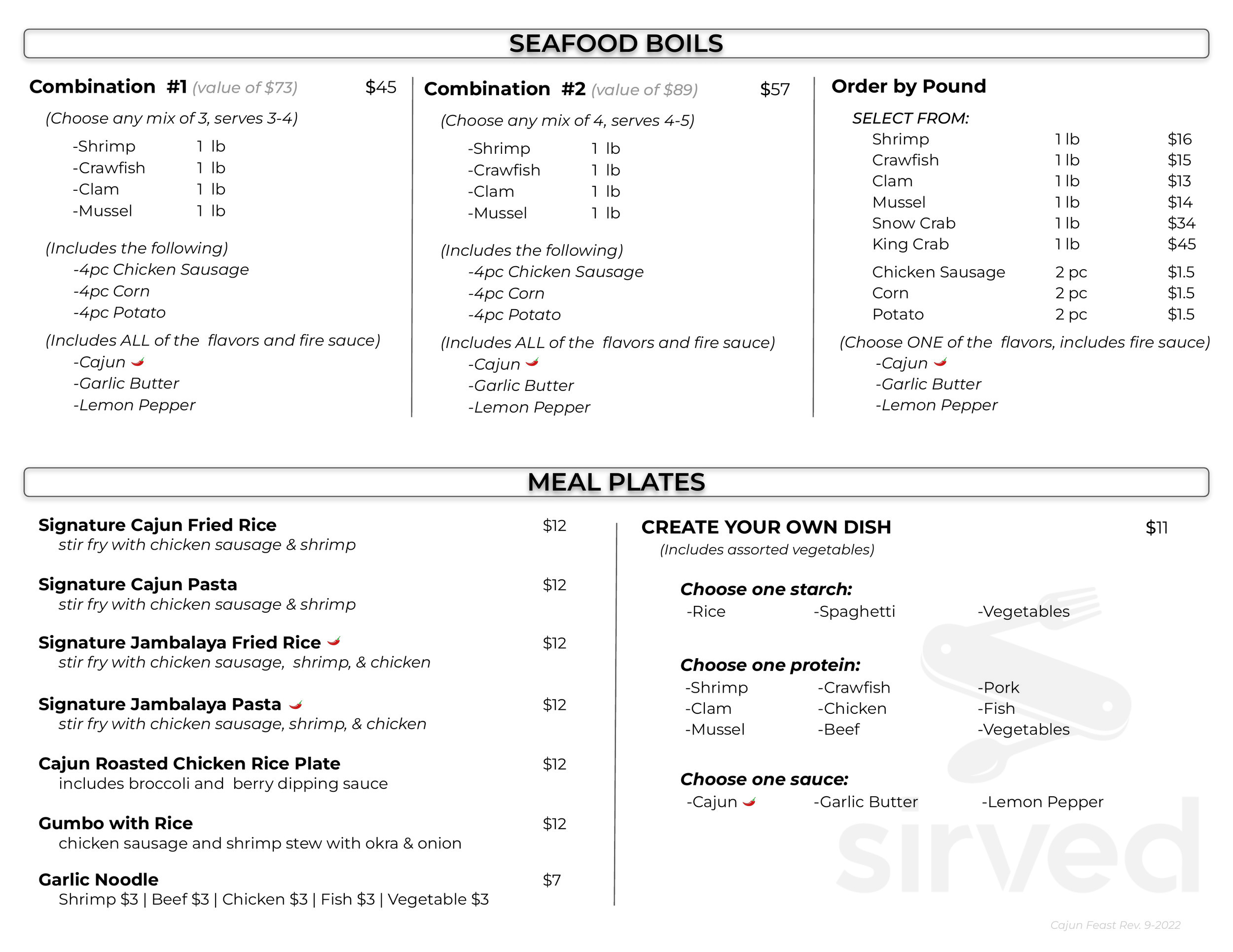 Cajun Feast menu in Davis, California, USA