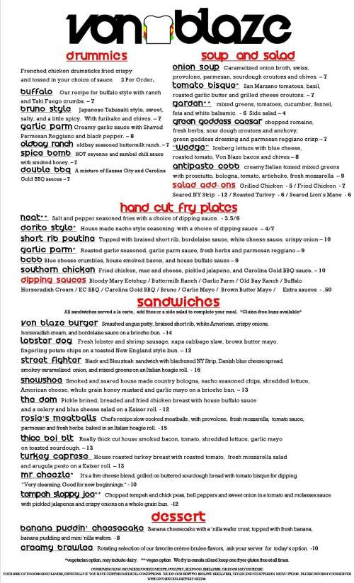 Von Blaze menu in Morgantown, West Virginia, USA