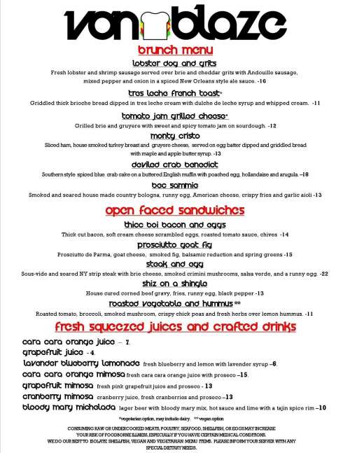 Von Blaze menu in Morgantown, West Virginia, USA