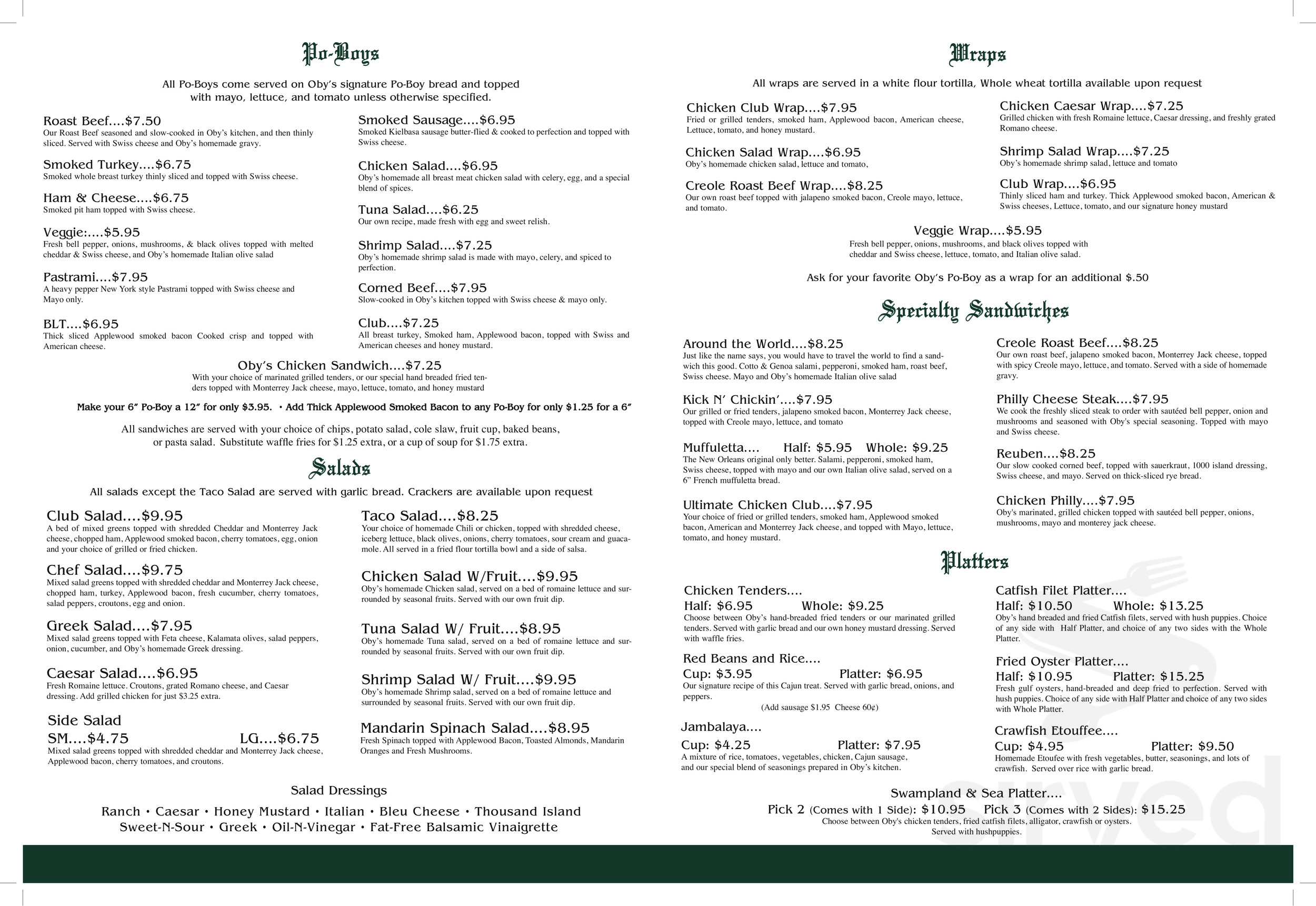 Menu - Oxford MS's Oby's of Oxford | Sirved