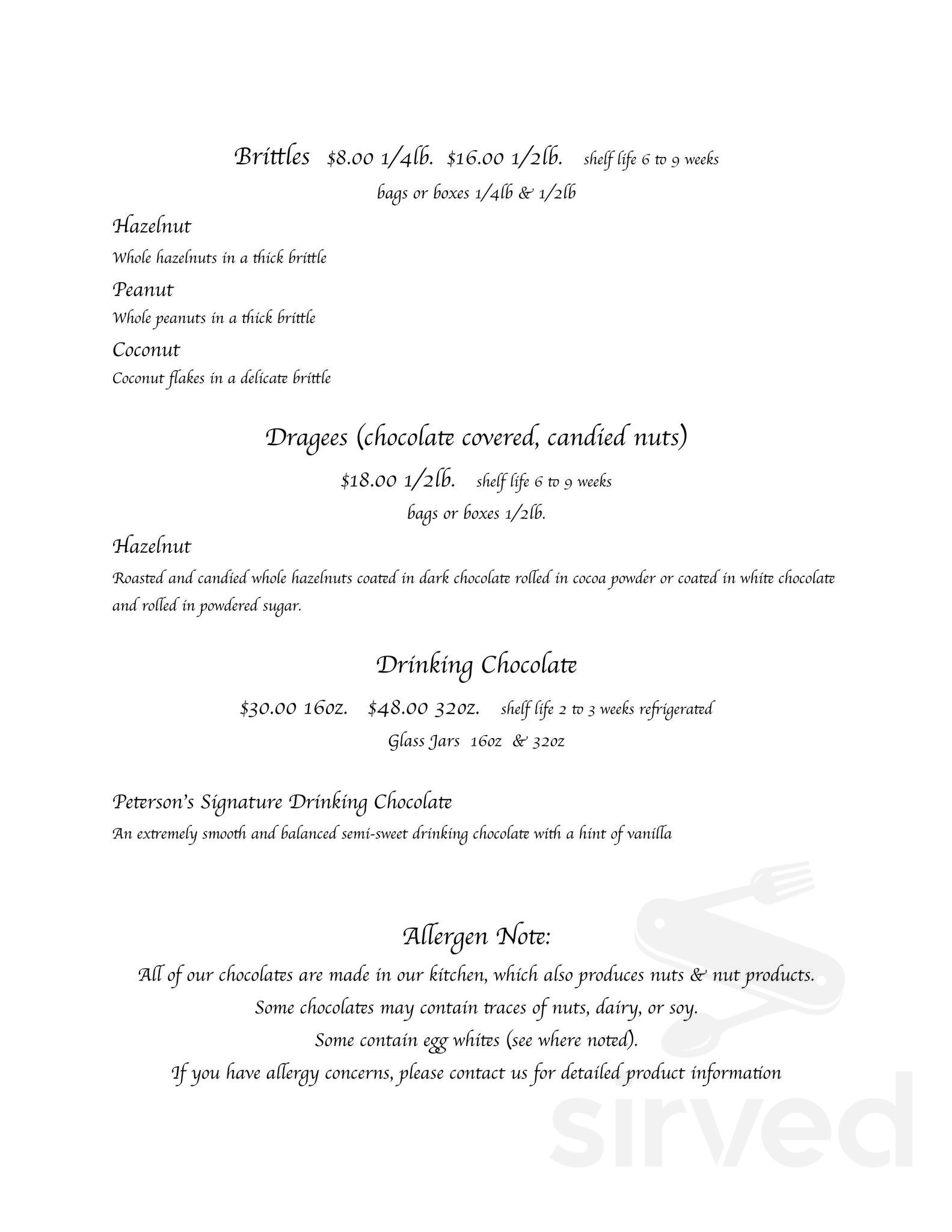 Menu - Baker City OR's Peterson's Chocolates | Sirved