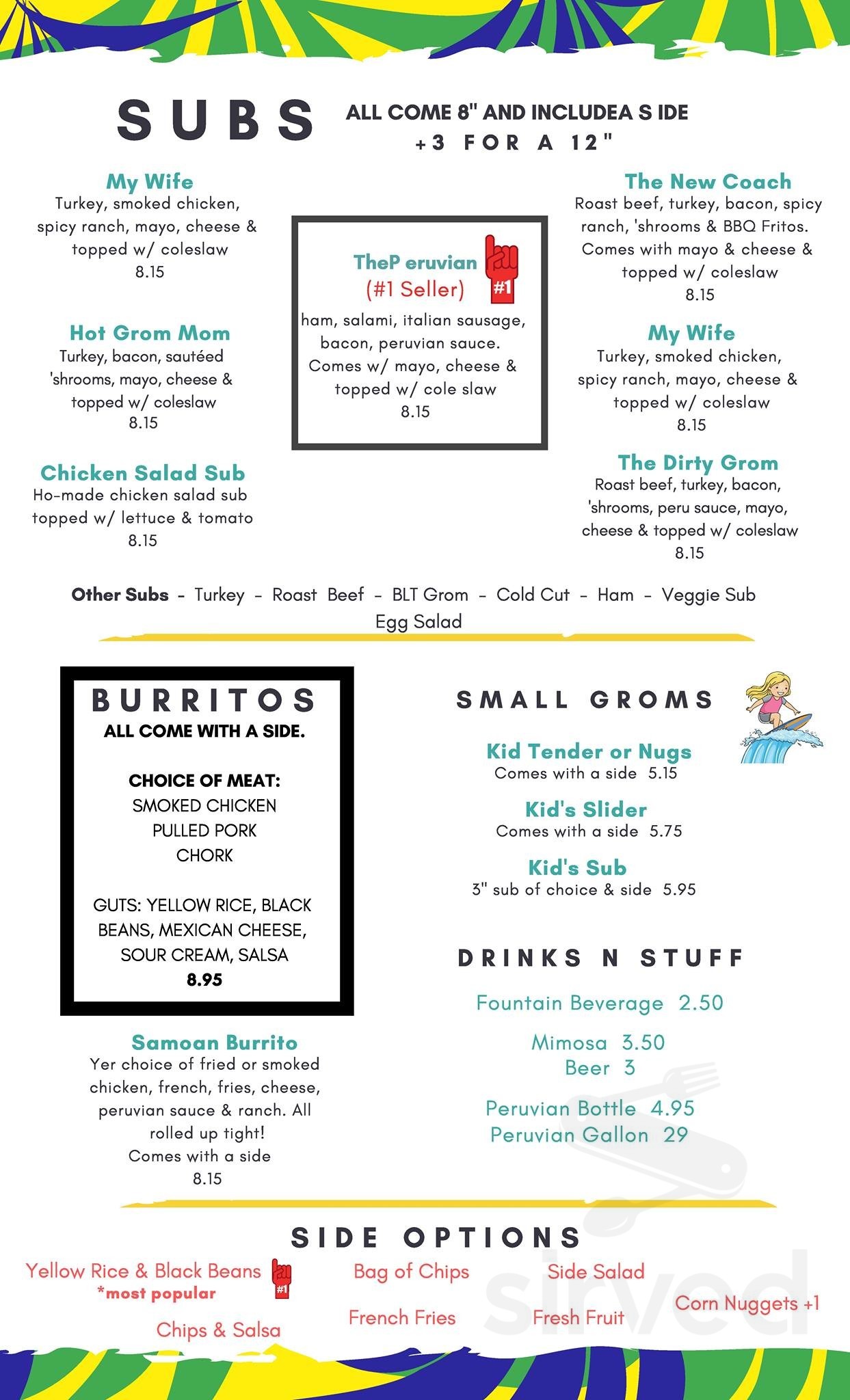 Grom menu in Jacksonville Beach, Florida, USA