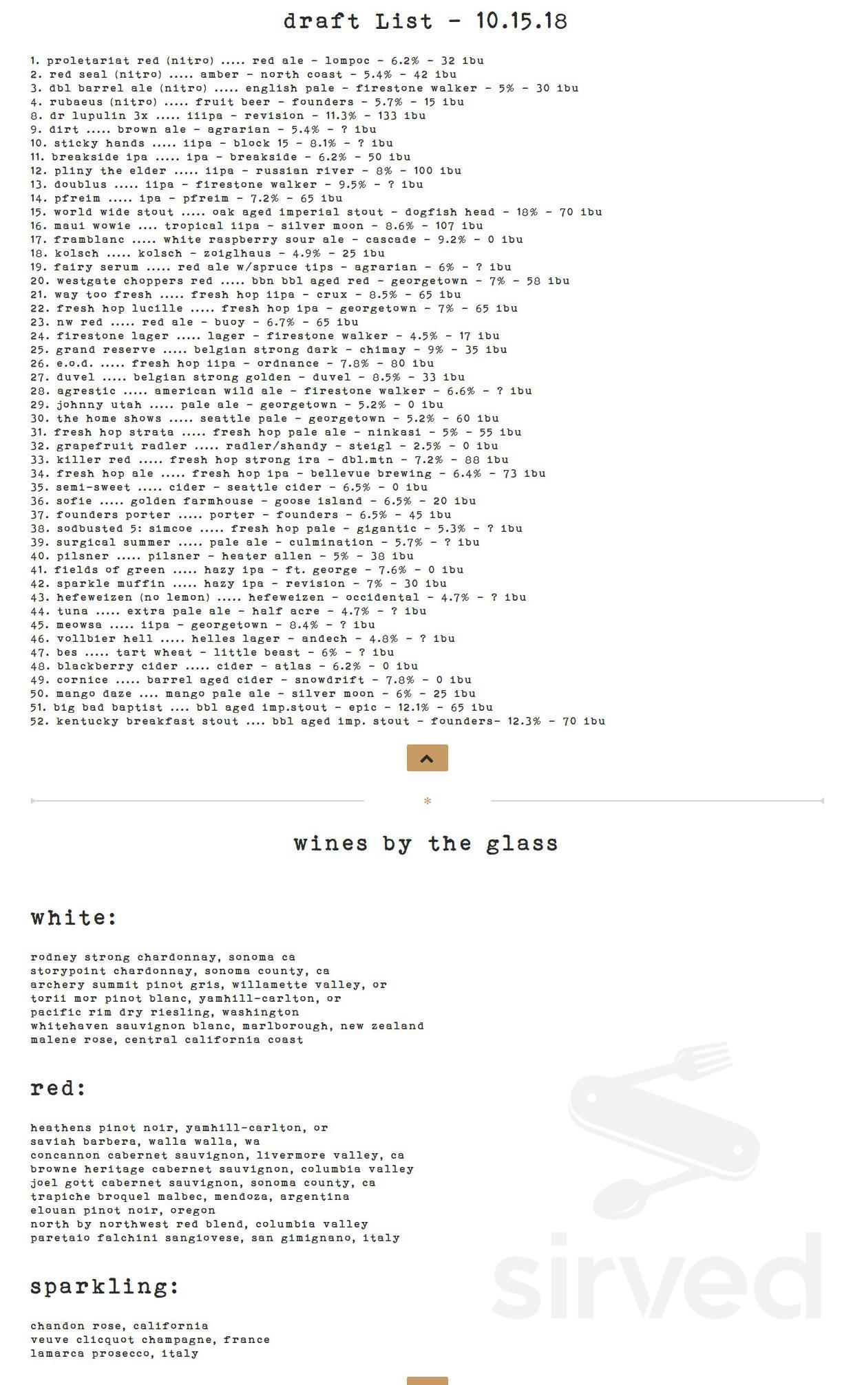 The Westgate Bourbon Bar & Taphouse Menu - Beaverton, Oregon | Sirved