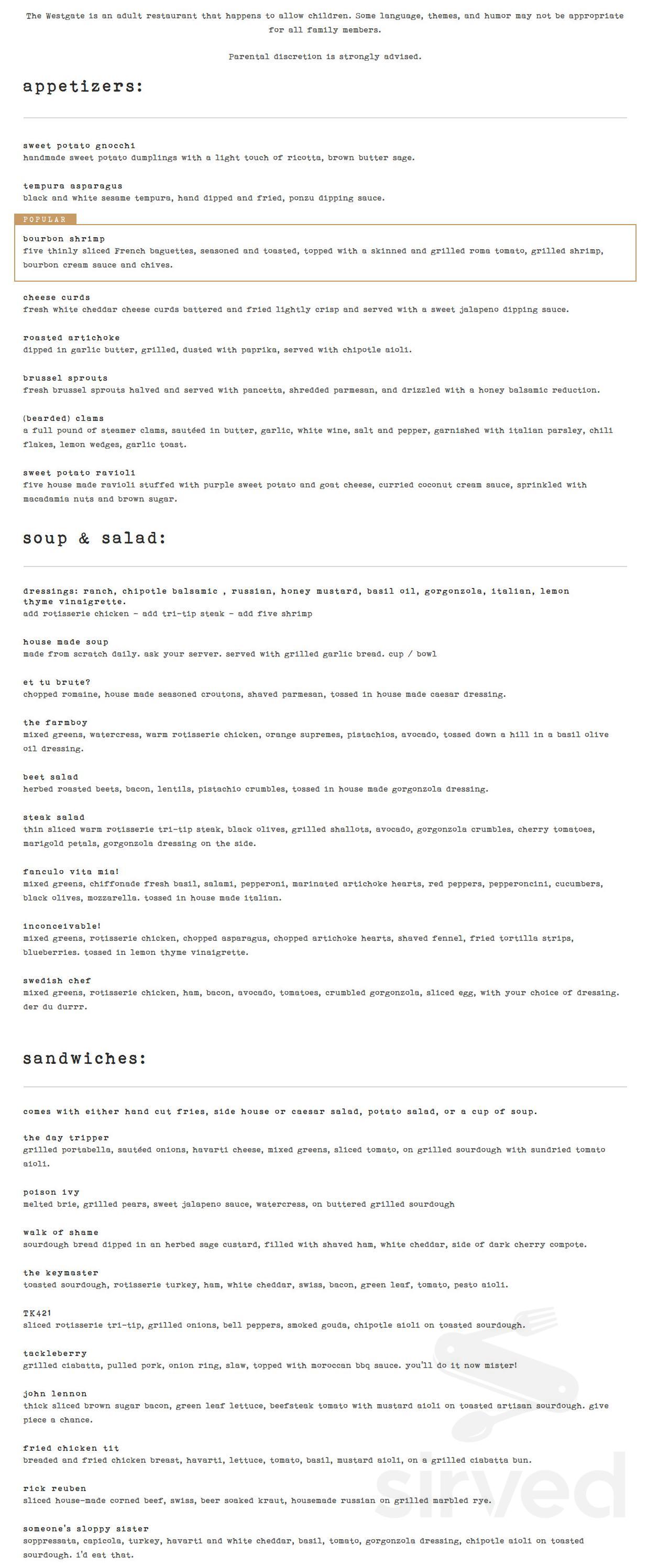 Menu for The Westgate Bourbon Bar & Taphouse in Beaverton, OR | Sirved