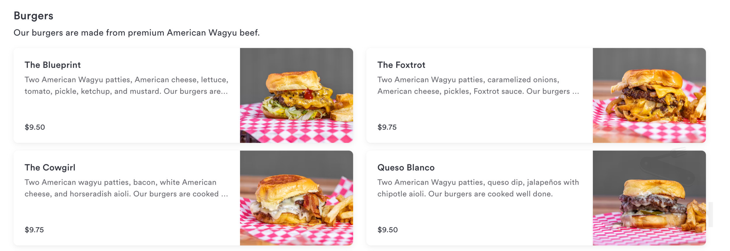 Whiskey Foxtrot Burger Dive menu in Hoover, Alabama, USA