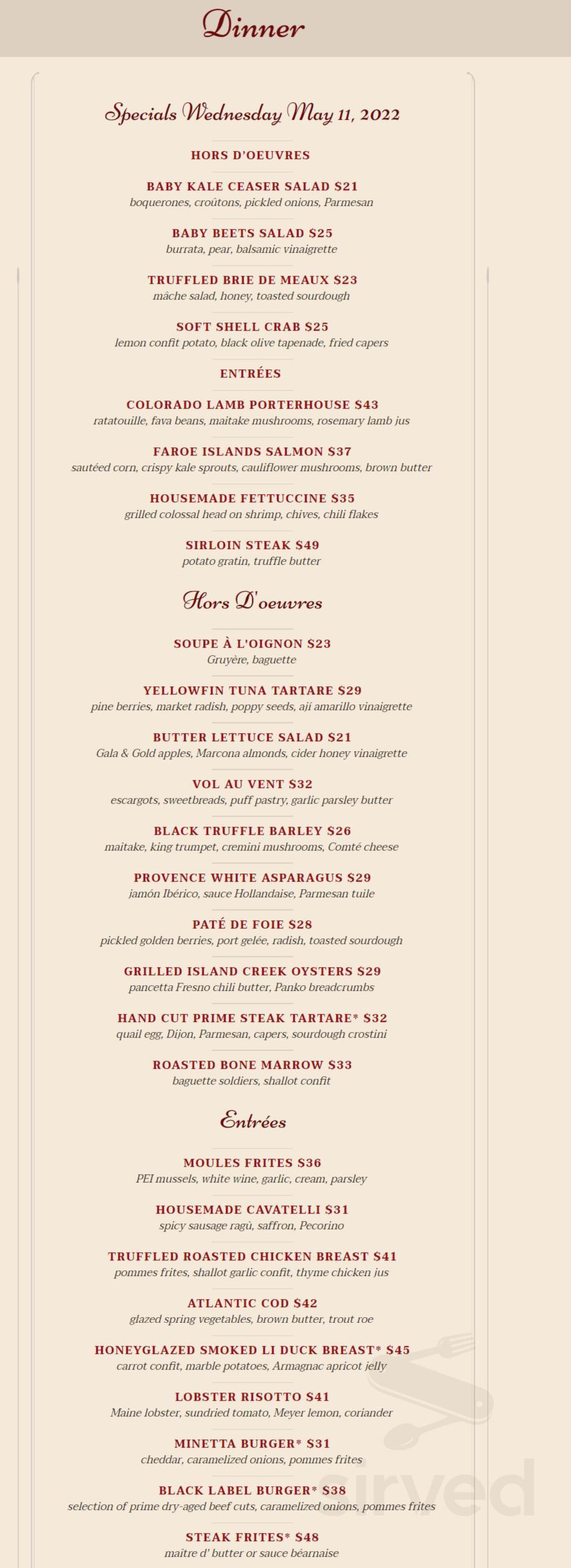 Minetta Tavern menu in New York, New York, USA