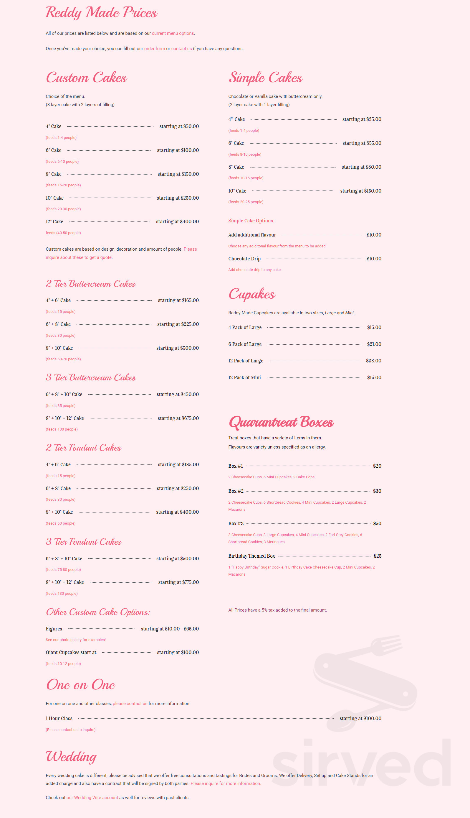 Menu for Reddy Made Cakes in Abbotsford, British Columbia, Canada
