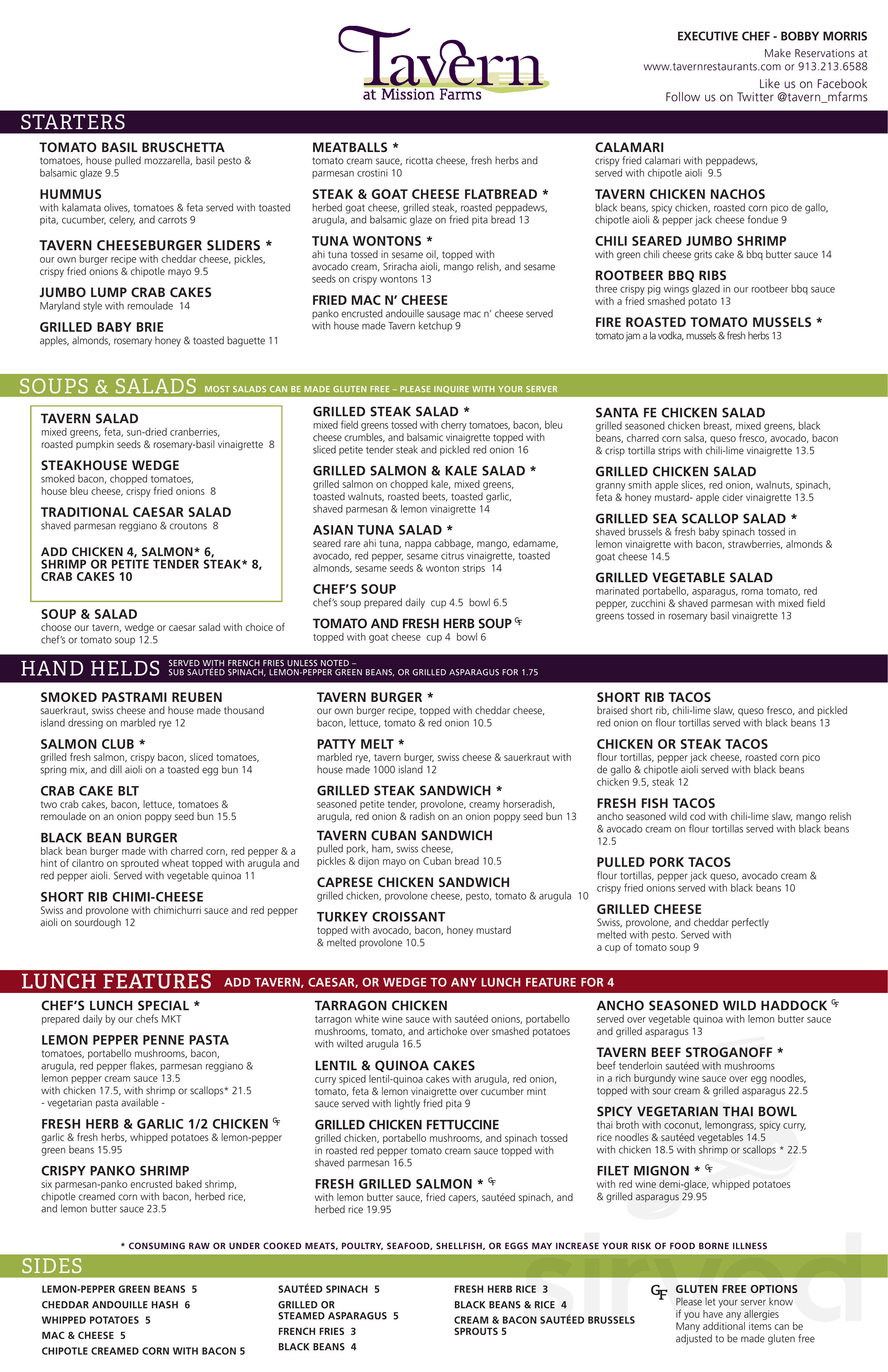 Tavern at Mission Farms menu in Leawood, Kansas, USA