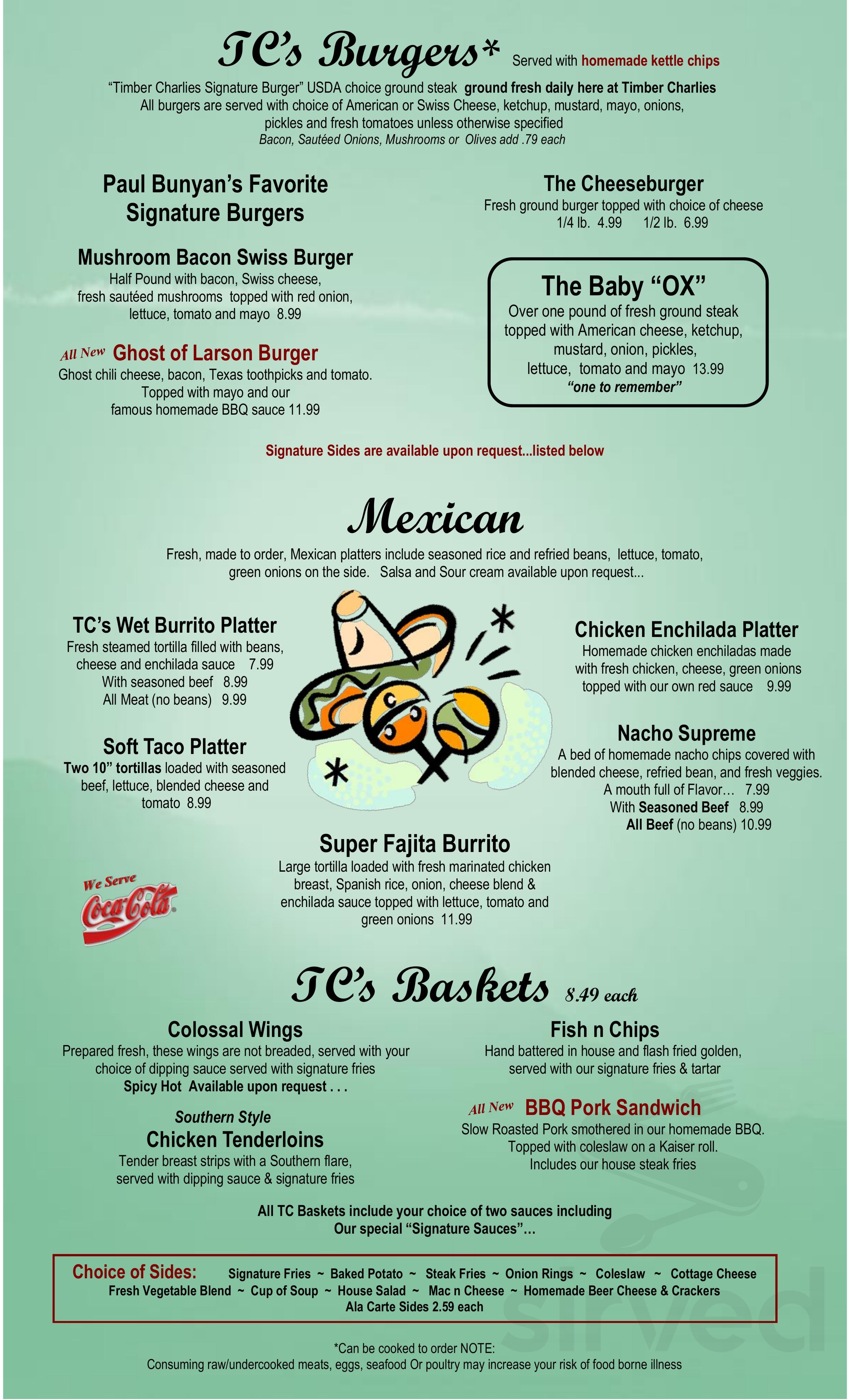 Timber Charlie's Food & Spirit menus in Newberry, Michigan, United States