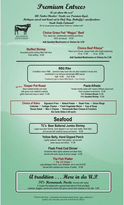 Timber Charlie's Food & Spirit menu in Newberry, Michigan, USA