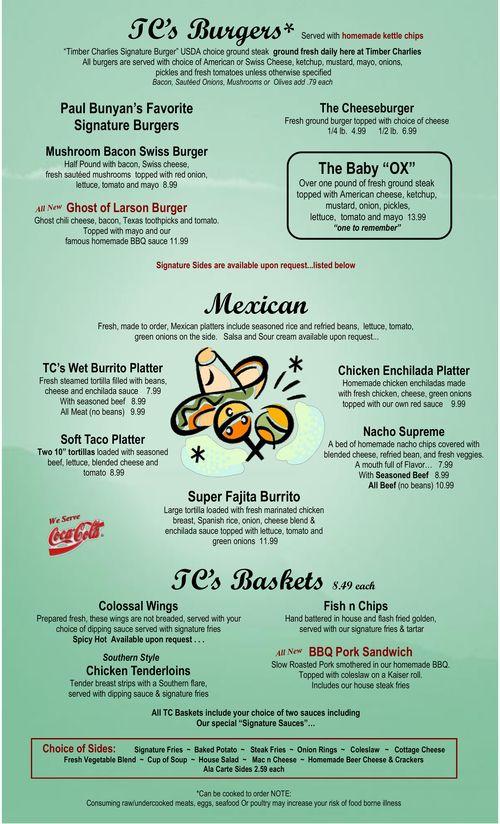 Timber Charlie's Food & Spirit menu in Newberry, Michigan, USA