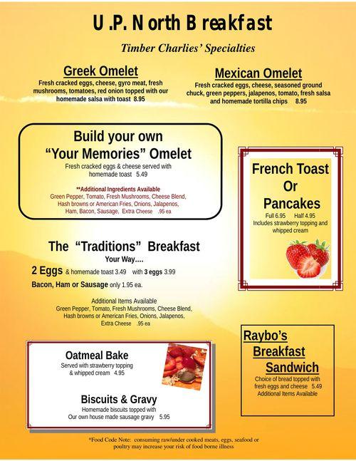 Timber Charlie's Food & Spirit menu in Newberry, Michigan, USA