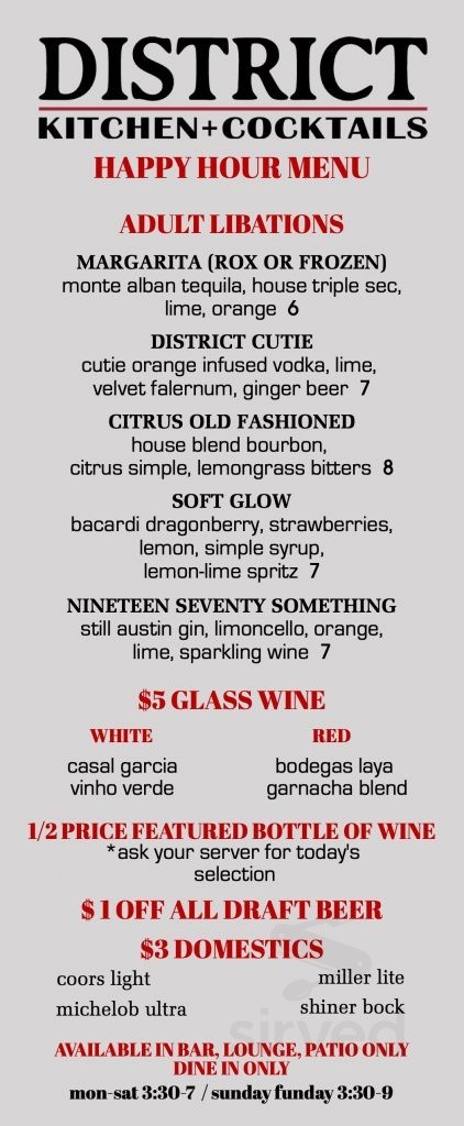 District Kitchen + Cocktails (Anderson Lane) menu in Austin, Texas, USA