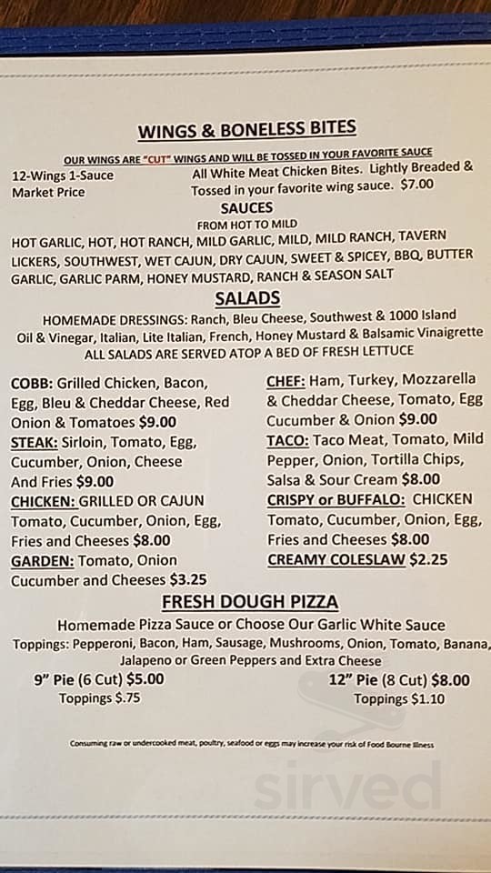 The Blue Collar Tavern menu in Emlenton, Pennsylvania, USA