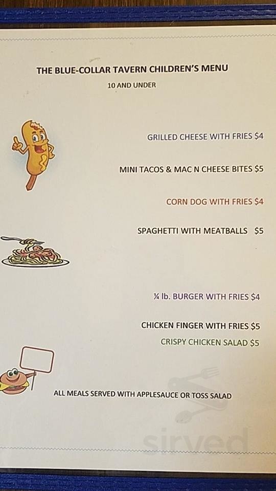 Menu for The Blue Collar Tavern in Emlenton, PA | Sirved