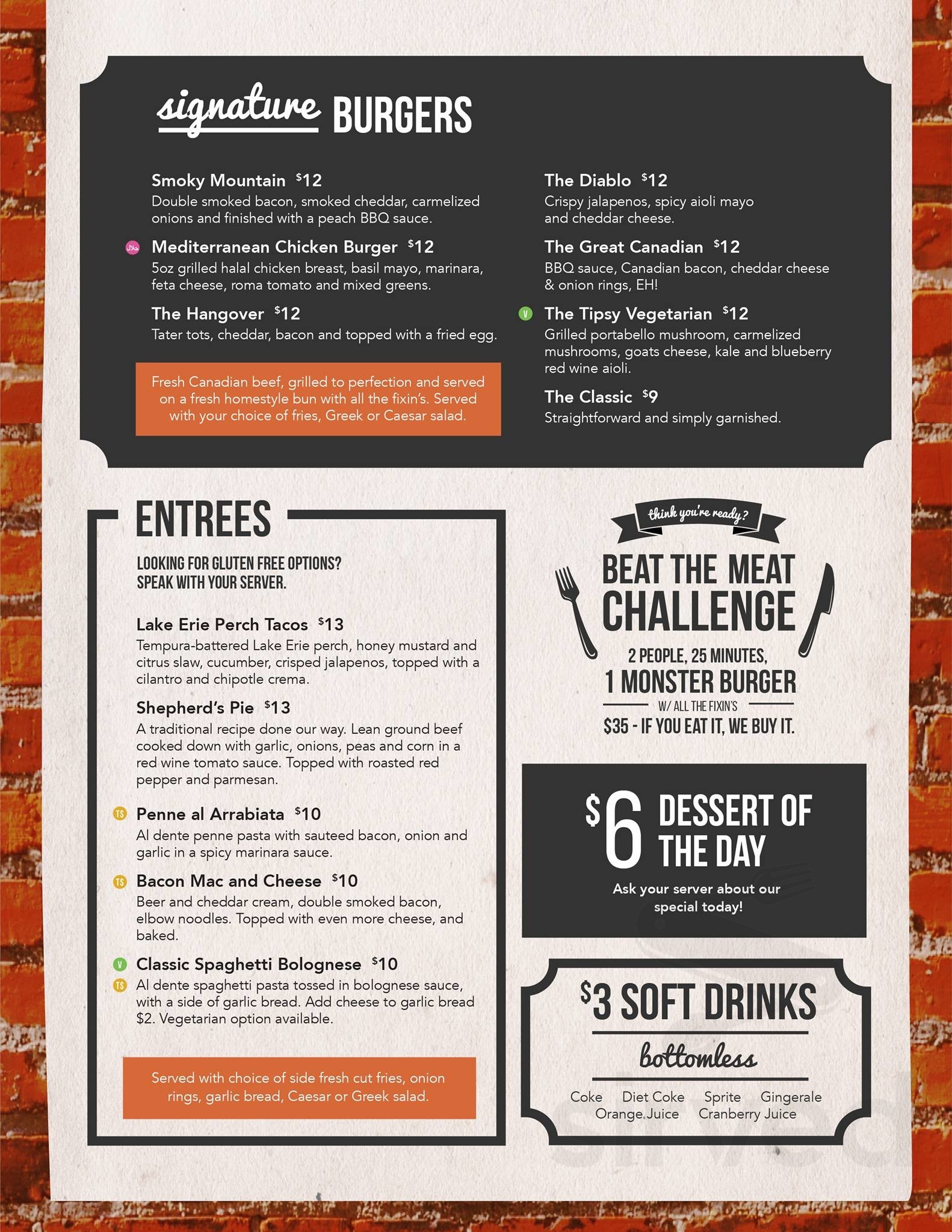 The Cellar menu in Hamilton, Ontario, Canada