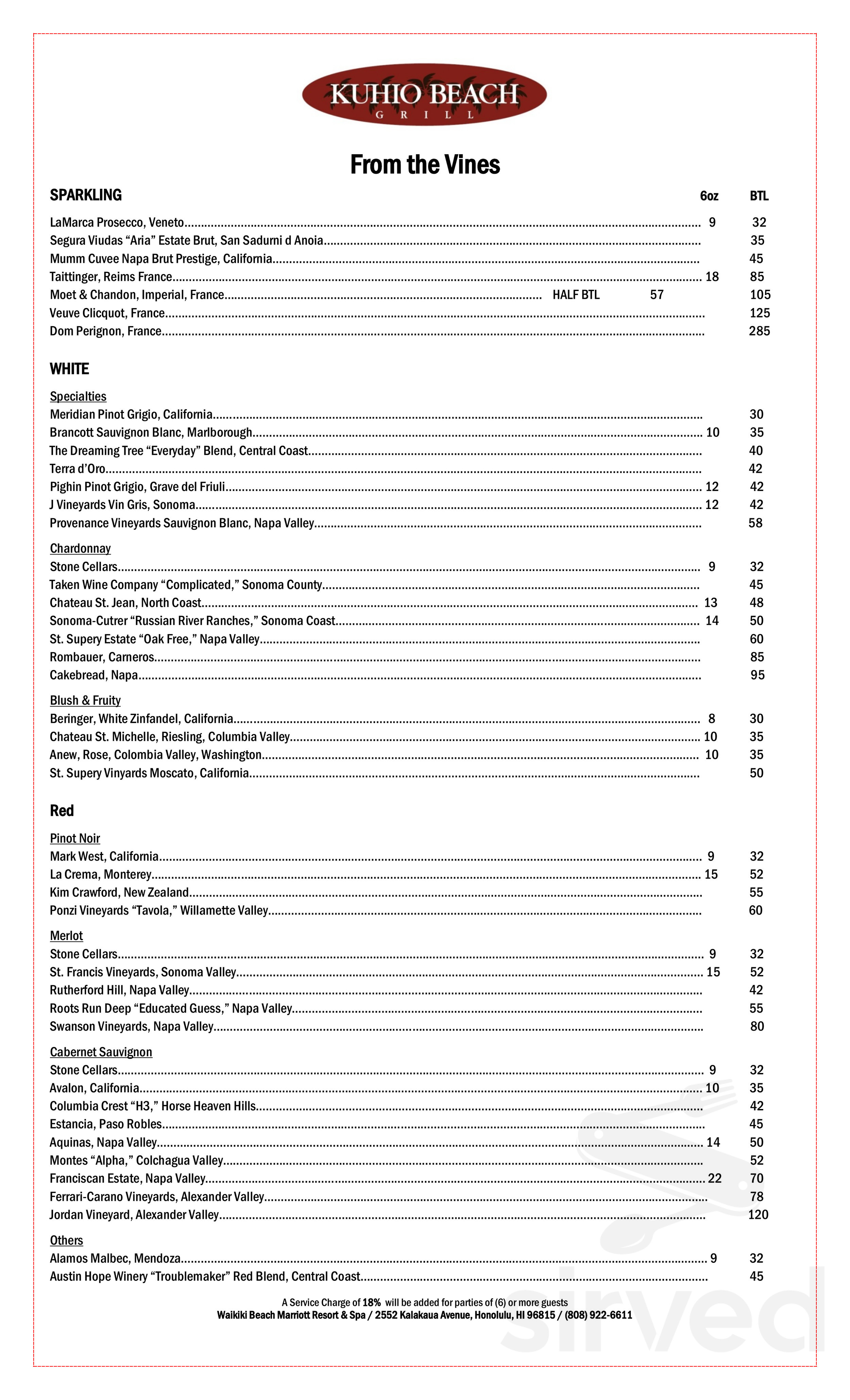 Kuhio Beach Grill menu in Honolulu, Hawaii, USA