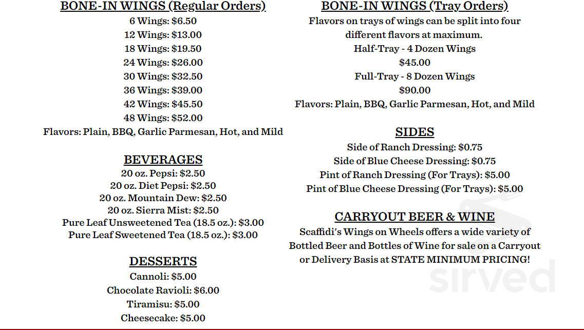 Menu for Scaffidi's Wings on Wheels in Steubenville, OH | Sirved