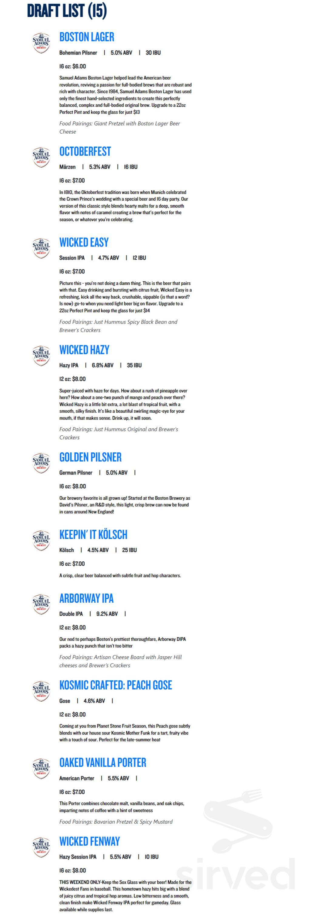 Samuel Adams Boston Brewery menus in Boston, Massachusetts, United States