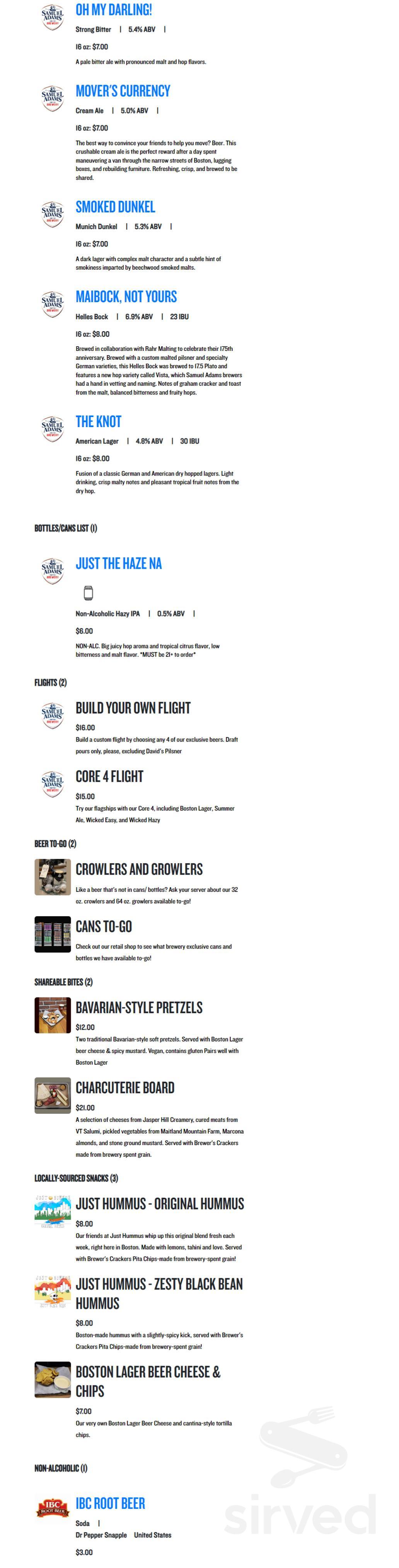 Samuel Adams Boston Brewery menus in Boston, Massachusetts, United States