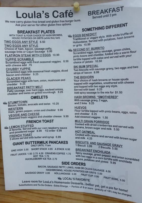 Menu - Whitefish MT's Loula's Cafe | Sirved