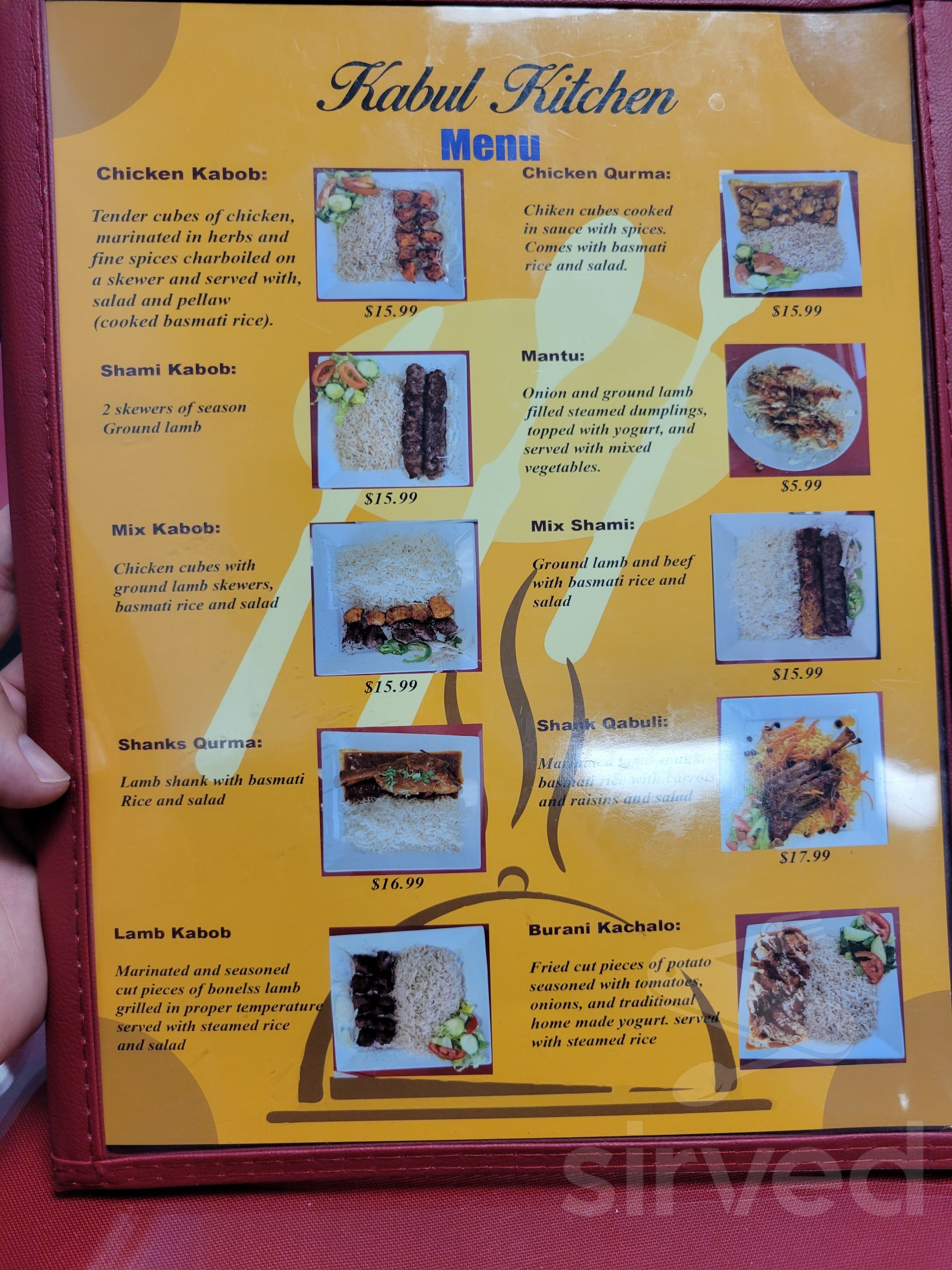 Kabul Kitchen menu in West Valley City, Utah, USA