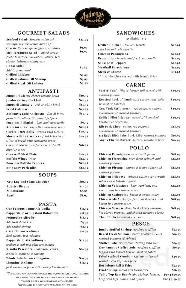 Anthony's Ocean View menu in New Haven, Connecticut, USA