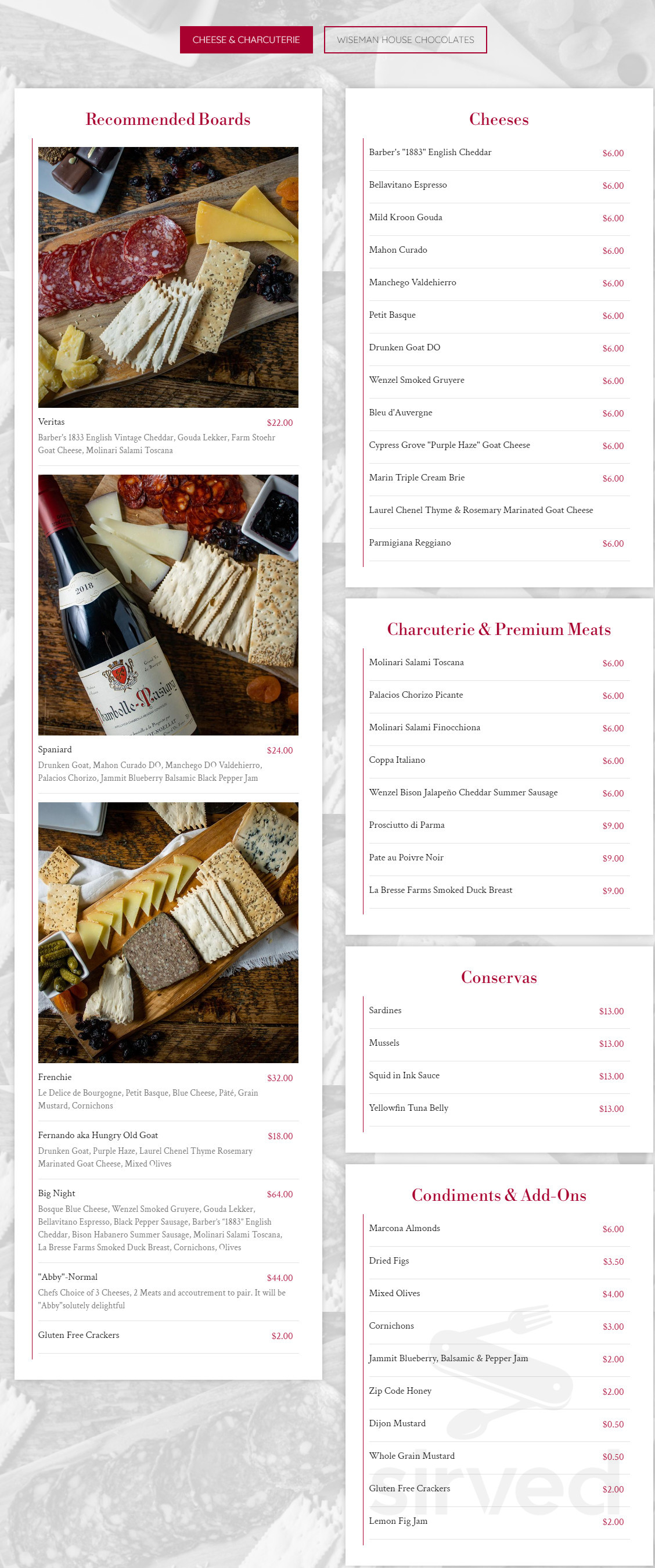 Veritas Wine Room menu in Dallas, Texas, USA