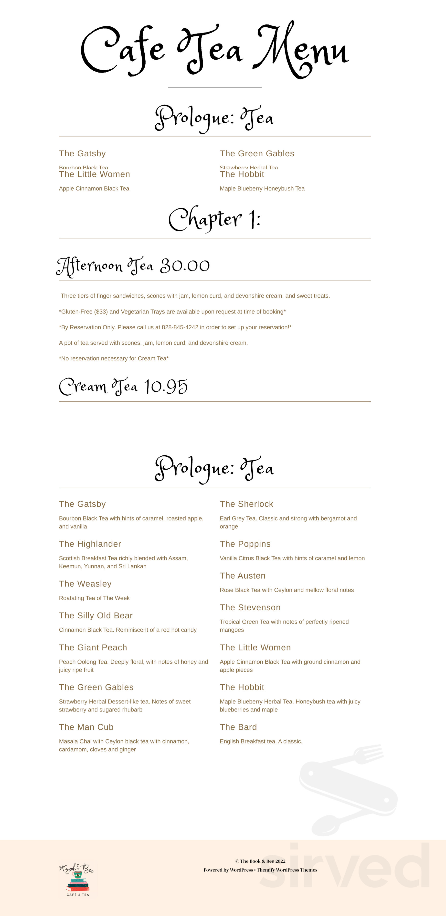 Menu for The Book and Bee Cafe and Tea in Hendersonville, NC | Sirved