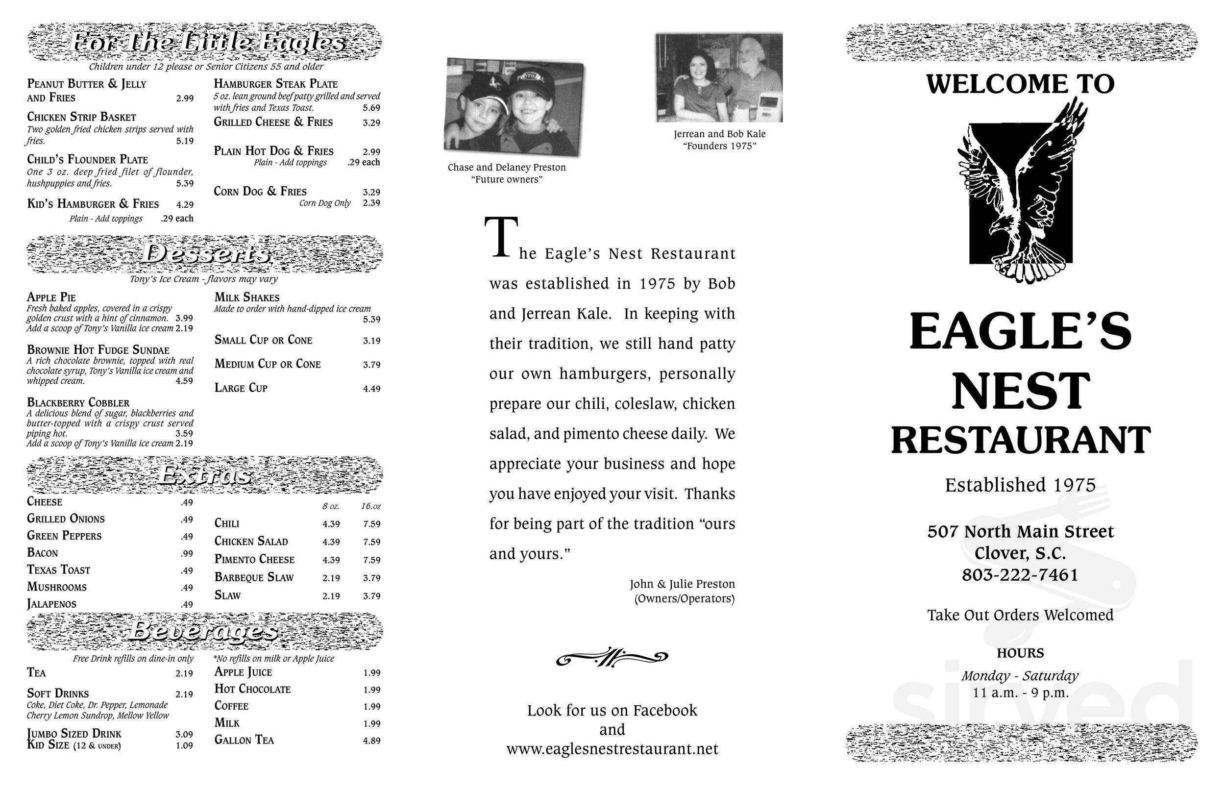 Menu for Eagle's Nest in Clover, SC | Sirved