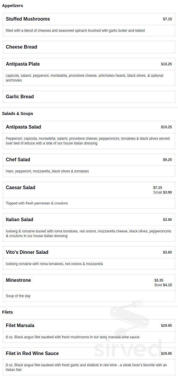 Vito Provolone's menu in Indianapolis, Indiana, USA