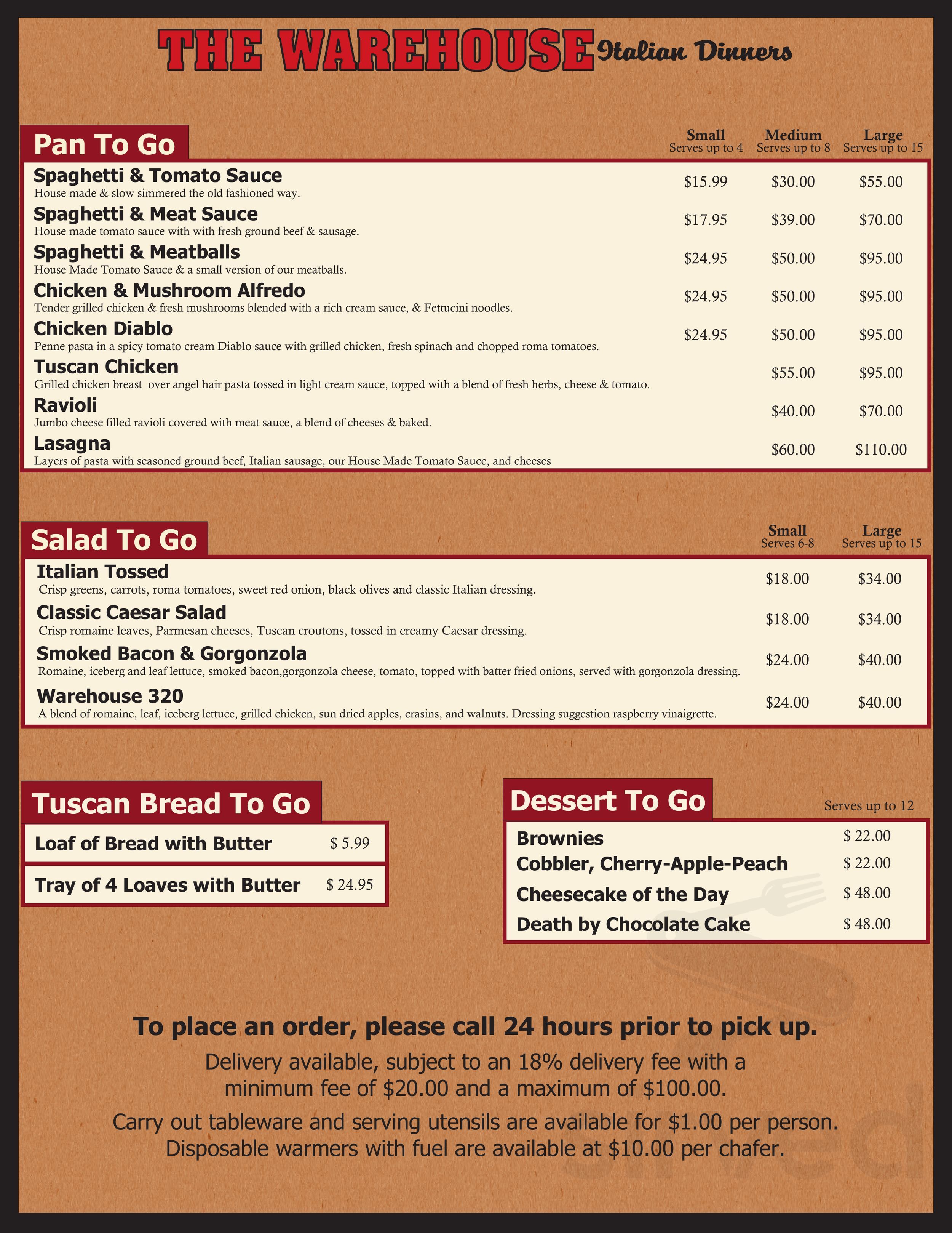 The Warehouse Delaware menu in Delaware, Ohio, USA