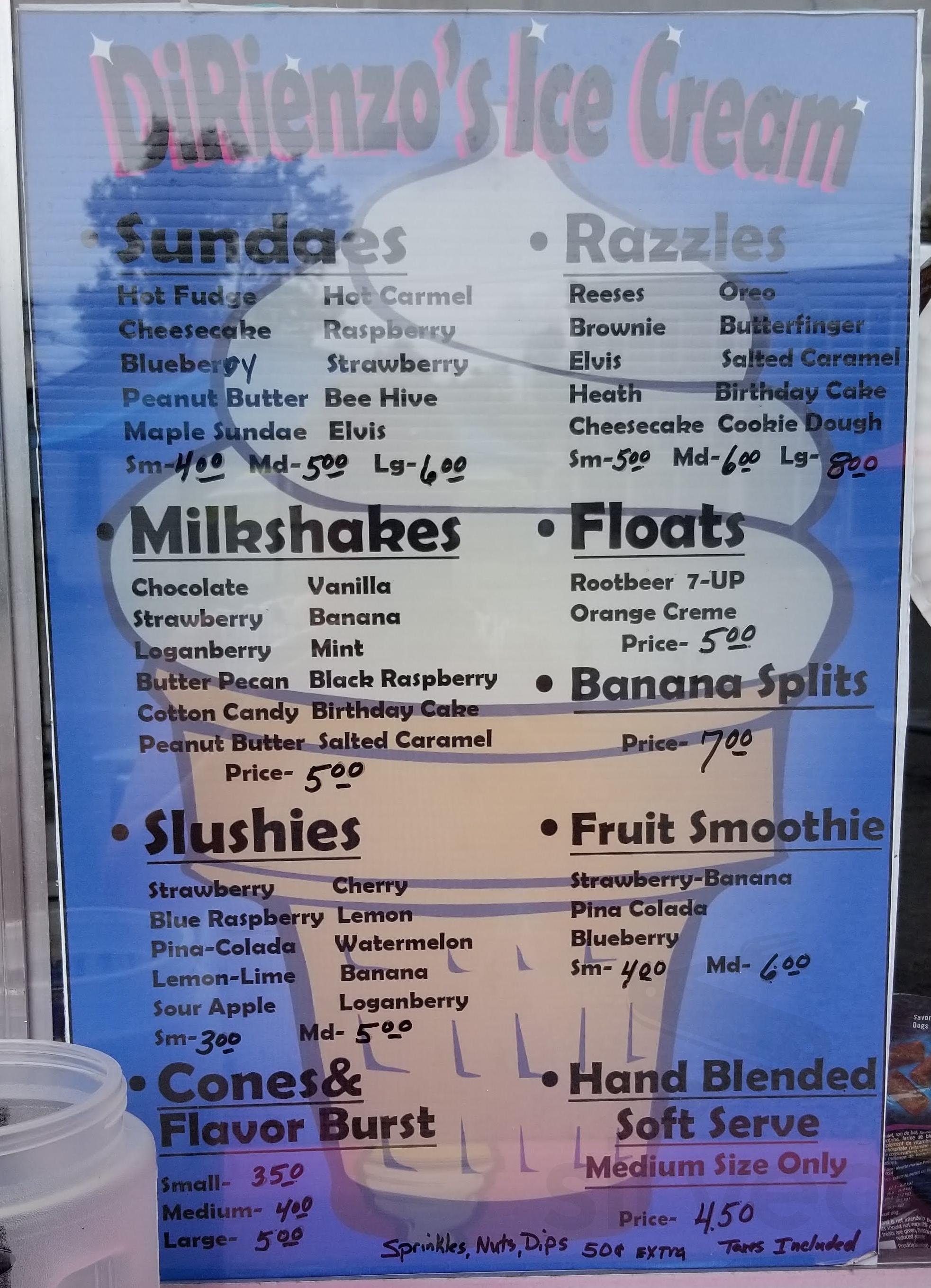 DiRienzo's Ice Cream menu in Fillmore, New York, USA