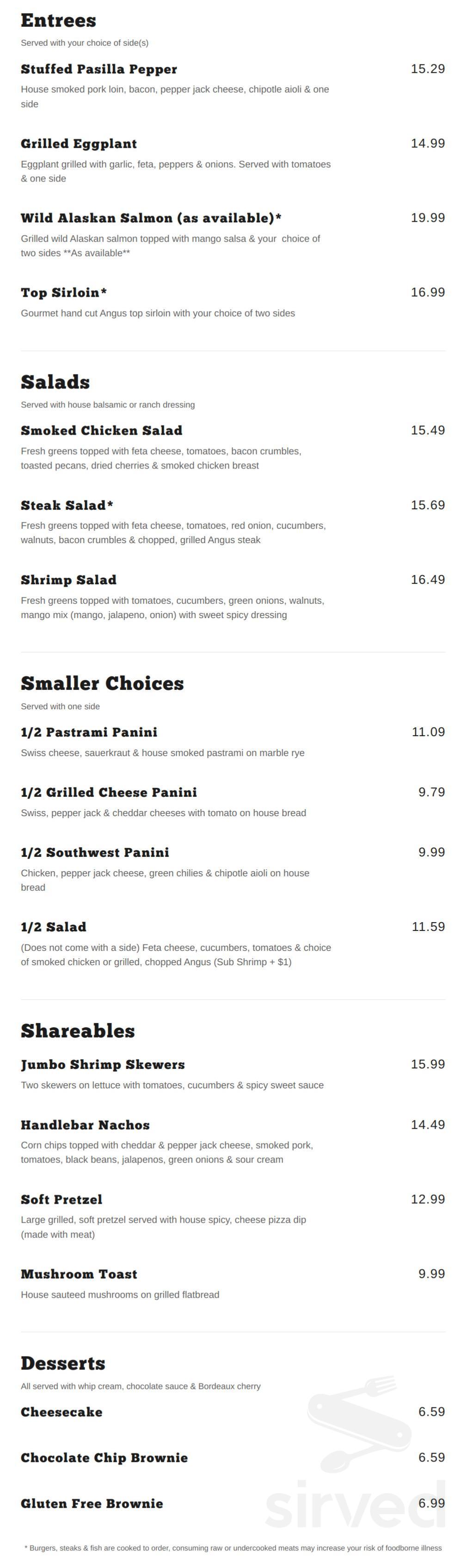 The Handlebar Pub and Grill menu in Apache Junction, Arizona, USA