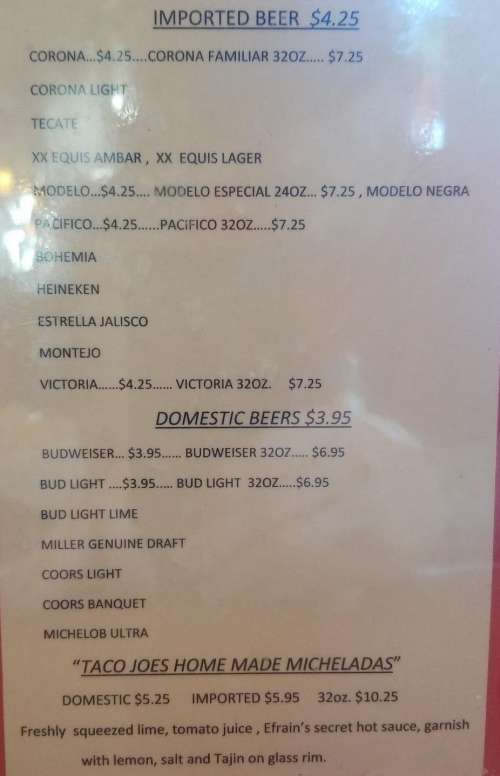 Taco Joe's Mexican Restaurant menu in Rialto, California, USA