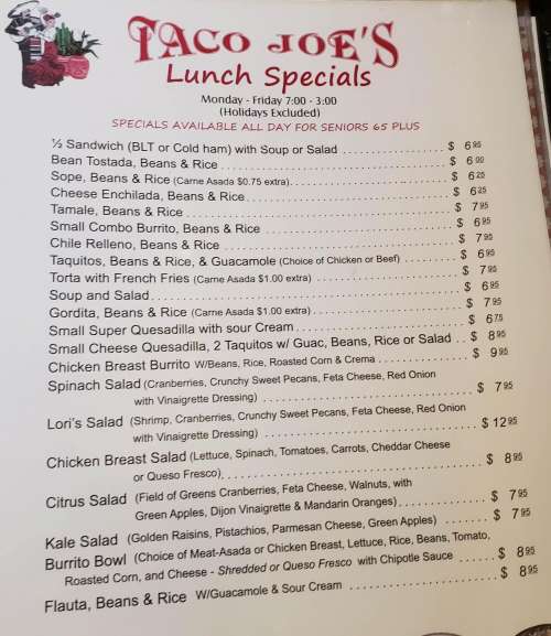 Taco Joe's Mexican Restaurant menu in Rialto, California, USA