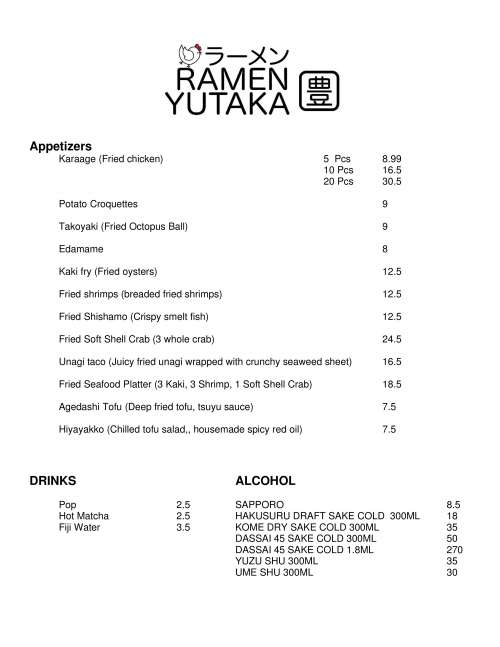 RAMEN YUTAKA menu in Aurora, Ontario, Canada
