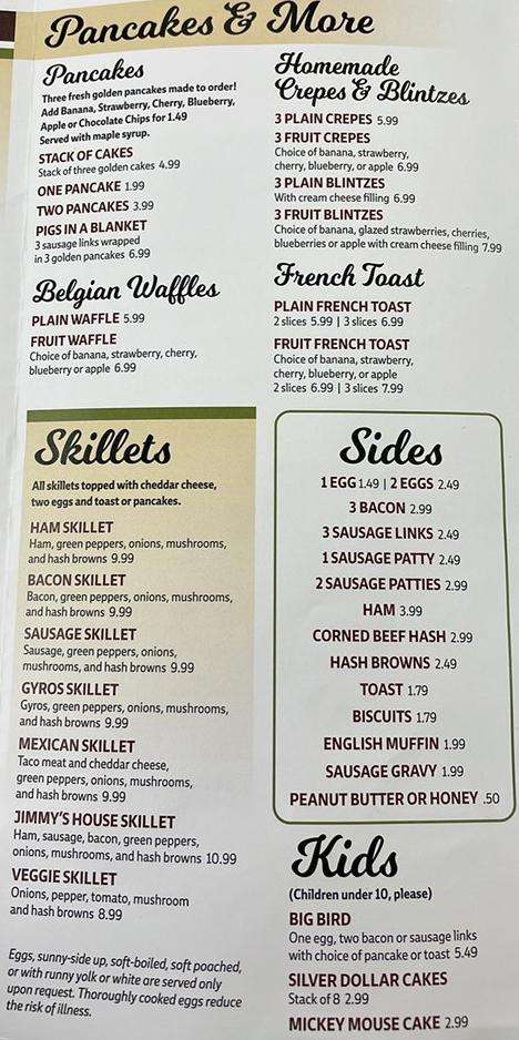 Jimmy's Diner menu in Dodgeville, Wisconsin, USA