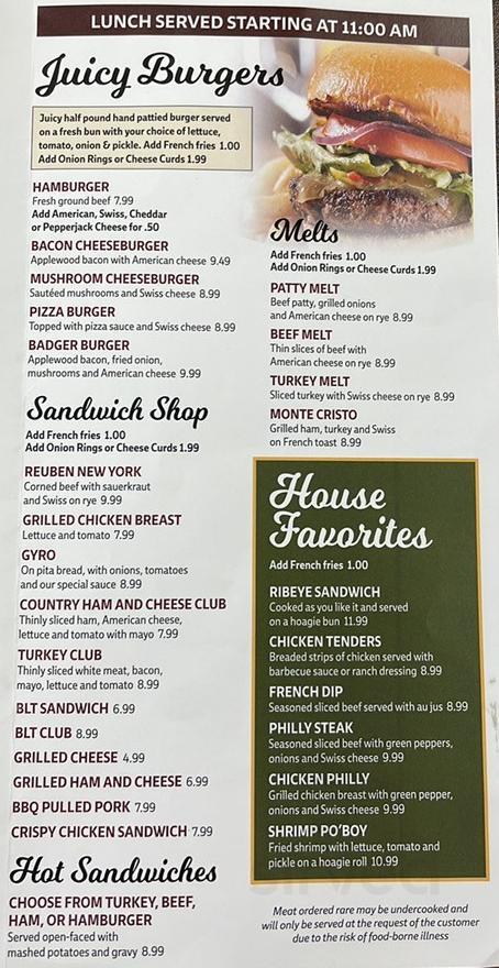 Jimmy's Diner menu in Dodgeville, Wisconsin, USA