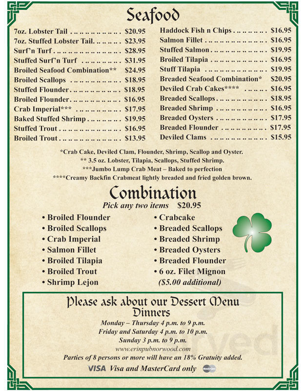 Menu - Norwood PA's Erin Pub | Sirved