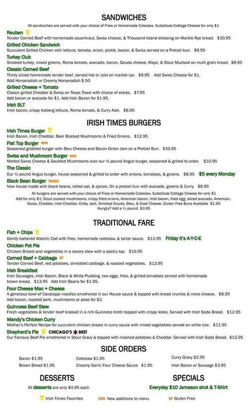 Irish Times menu in Brookfield, Illinois, USA