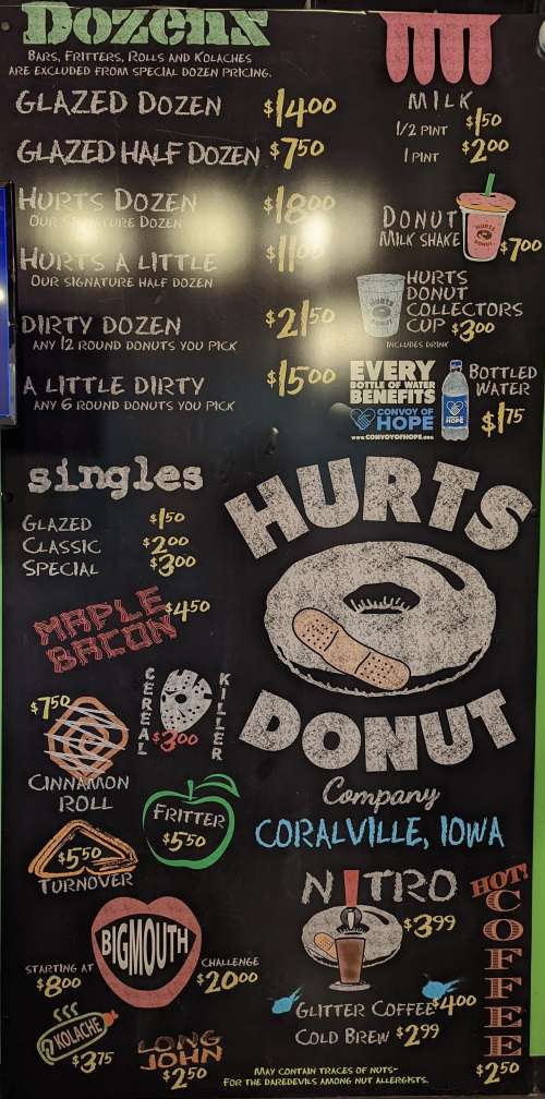 Hurts Donut Co. menu in Coralville, Iowa, USA
