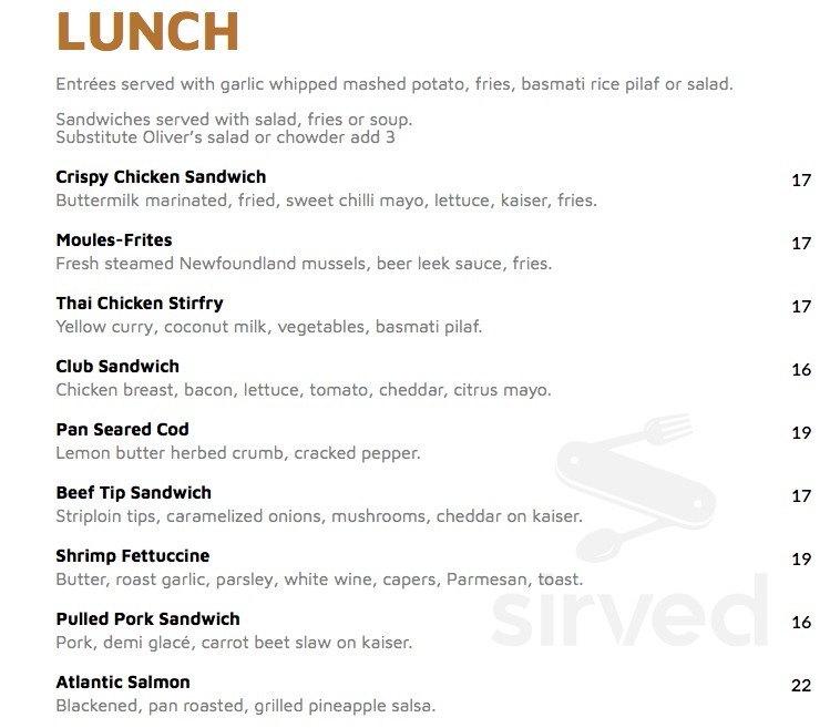 Oliver's menu in St. John's, Newfoundland and Labrador, Canada