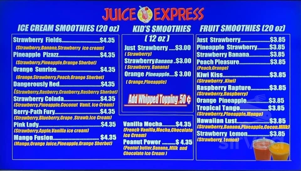 Juice Express menu in Muskogee, Oklahoma, USA