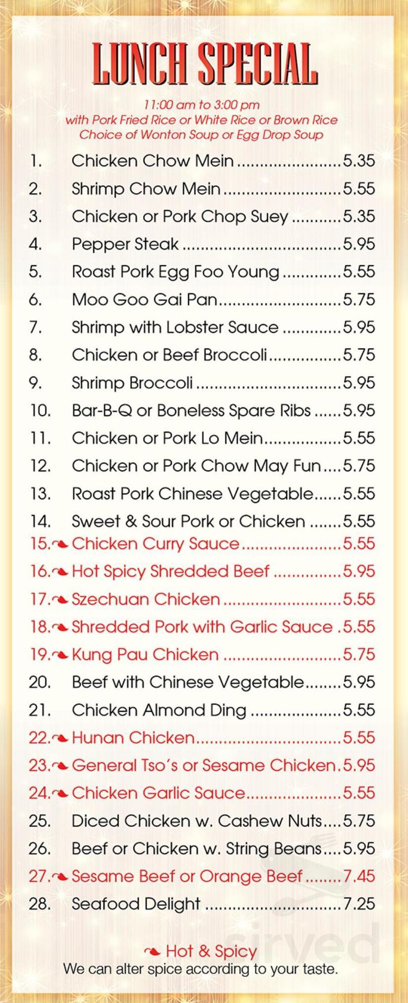 Menu - Jackson Township NJ's Shing Loon | Sirved