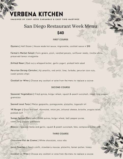 Verbena Kitchen menu in San Diego, California, USA