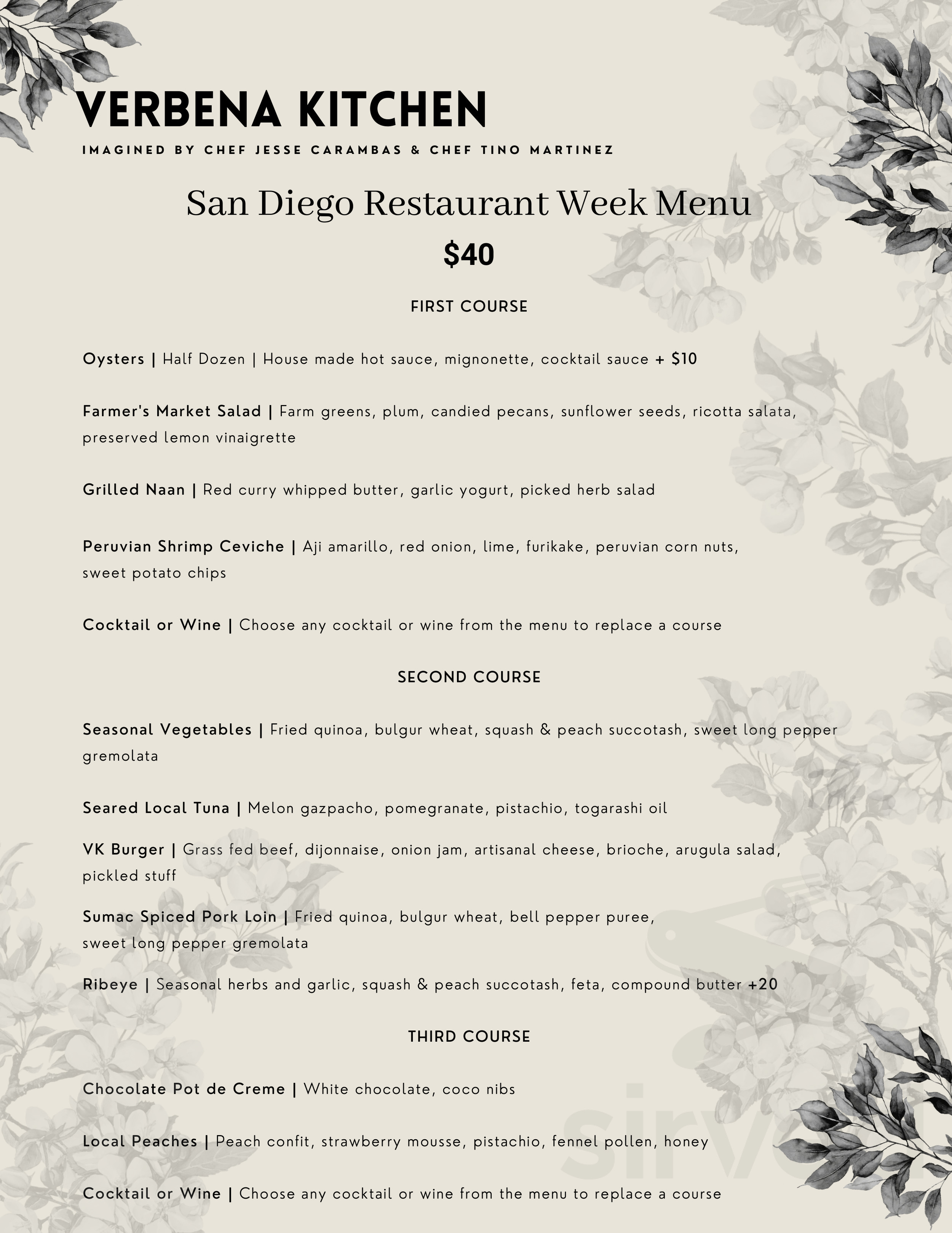 Verbena Kitchen menu in San Diego, California, USA