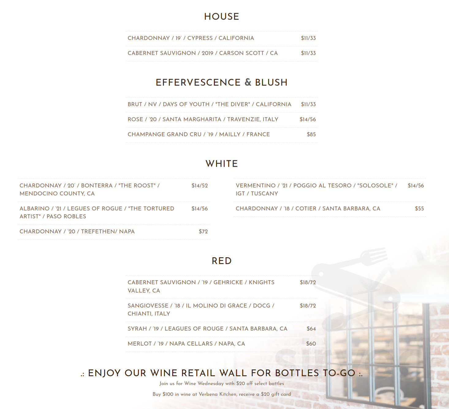 Verbena Kitchen menu in San Diego, California, USA