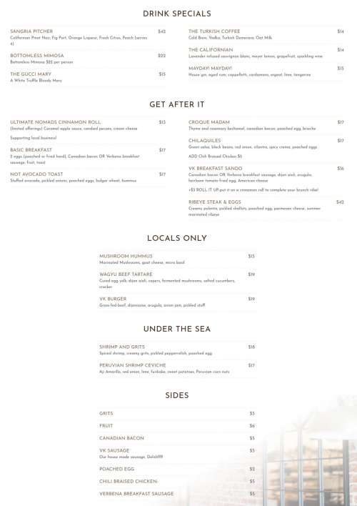 Verbena Kitchen menu in San Diego, California, USA