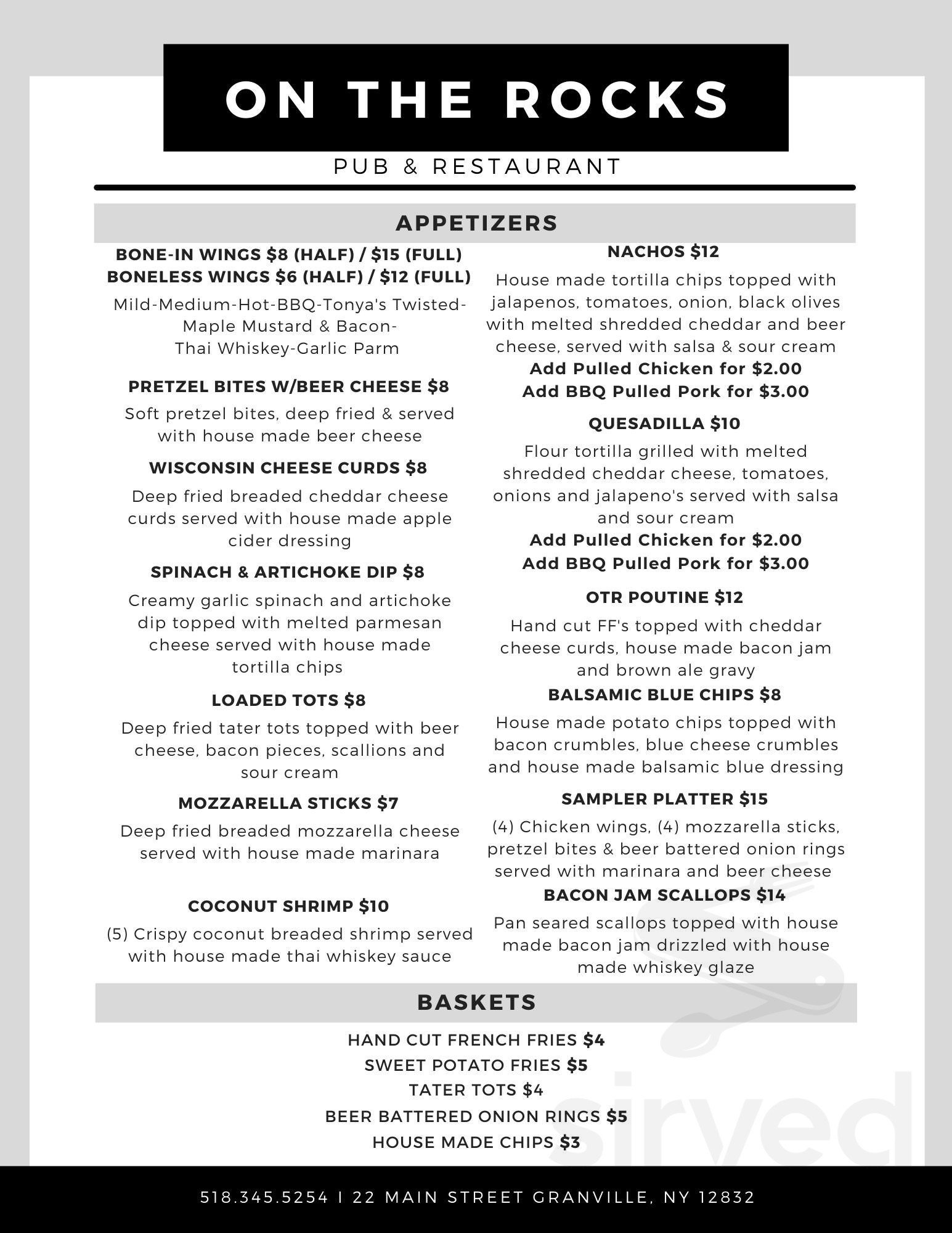 Menu for On The Rocks Pub in Granville, NY | Sirved